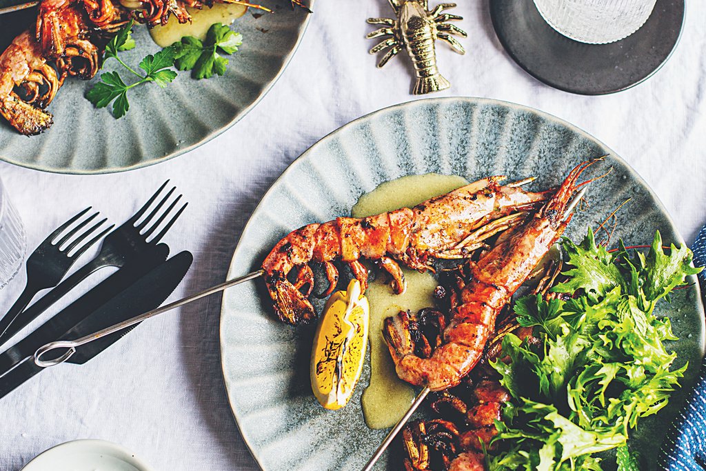 Butterflied prawn skewers with roasted lemon dressing recipe