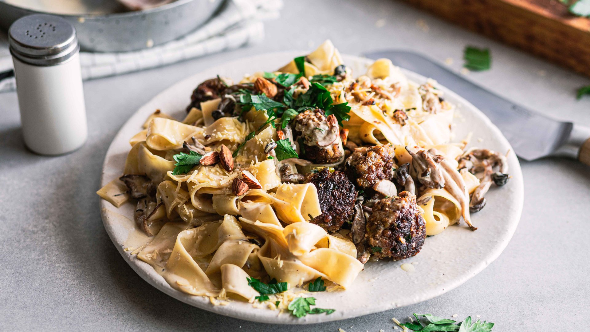 Chicken, lentil and rye meatballs with pappardelle and almonds recipe