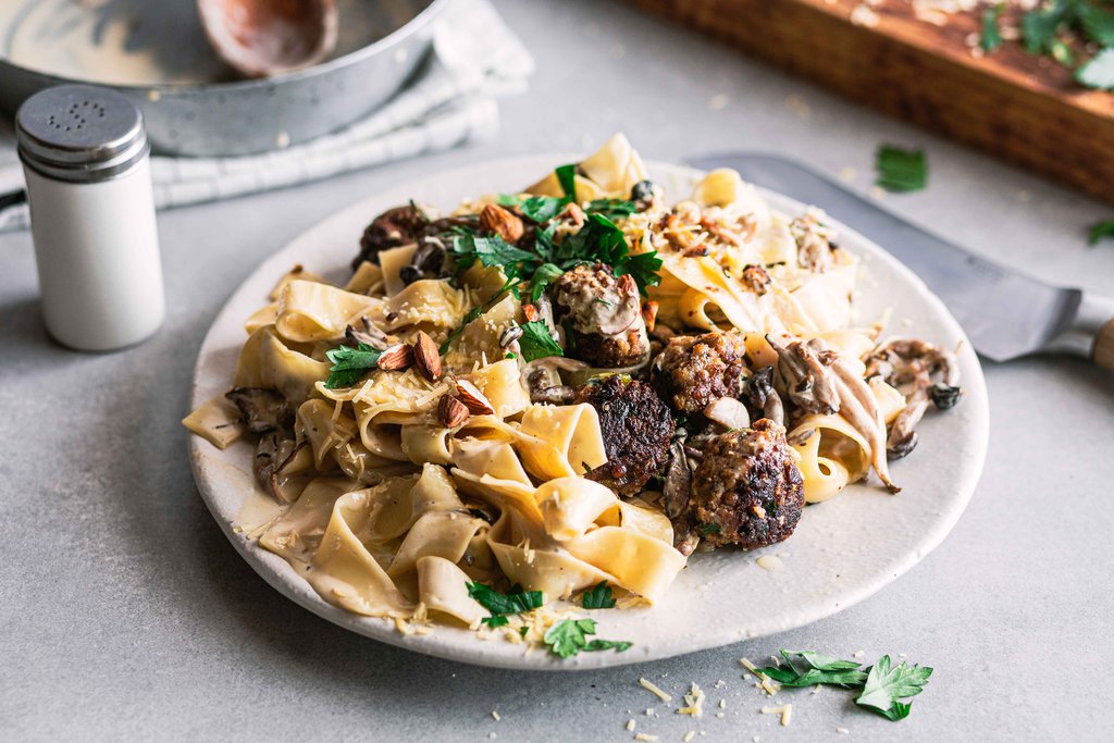 Chicken, lentil and rye meatballs with pappardelle and almonds recipe