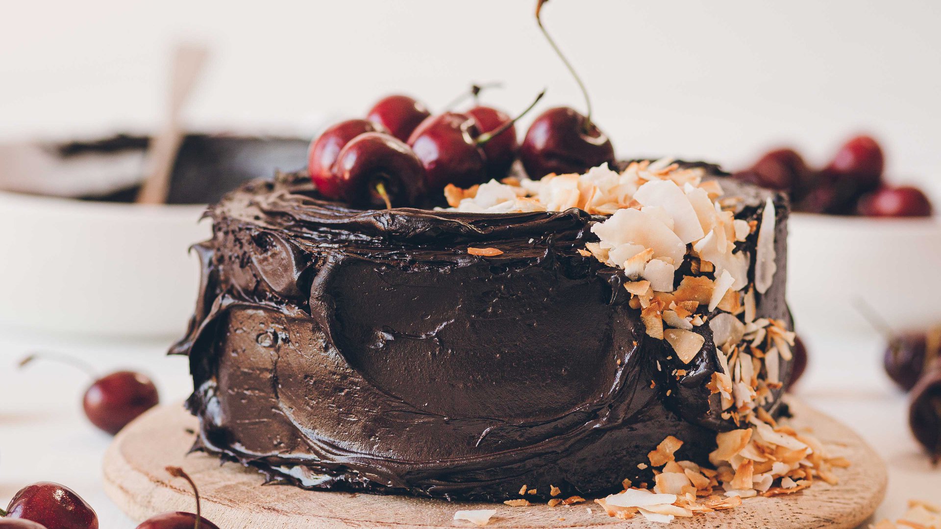 Dark chocolate and coconut ganache cake with cherries recipes