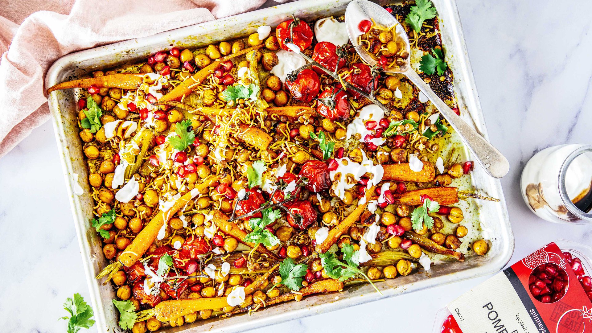 Crispy chana chaat tray bake recipe