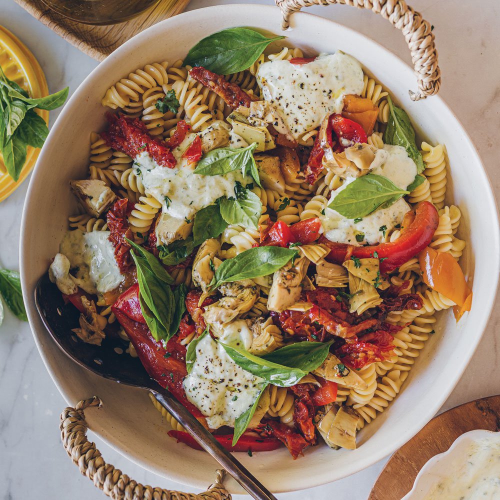 Fusilli antipasti salad with yoghurt-basil pesto dressing recipe ...