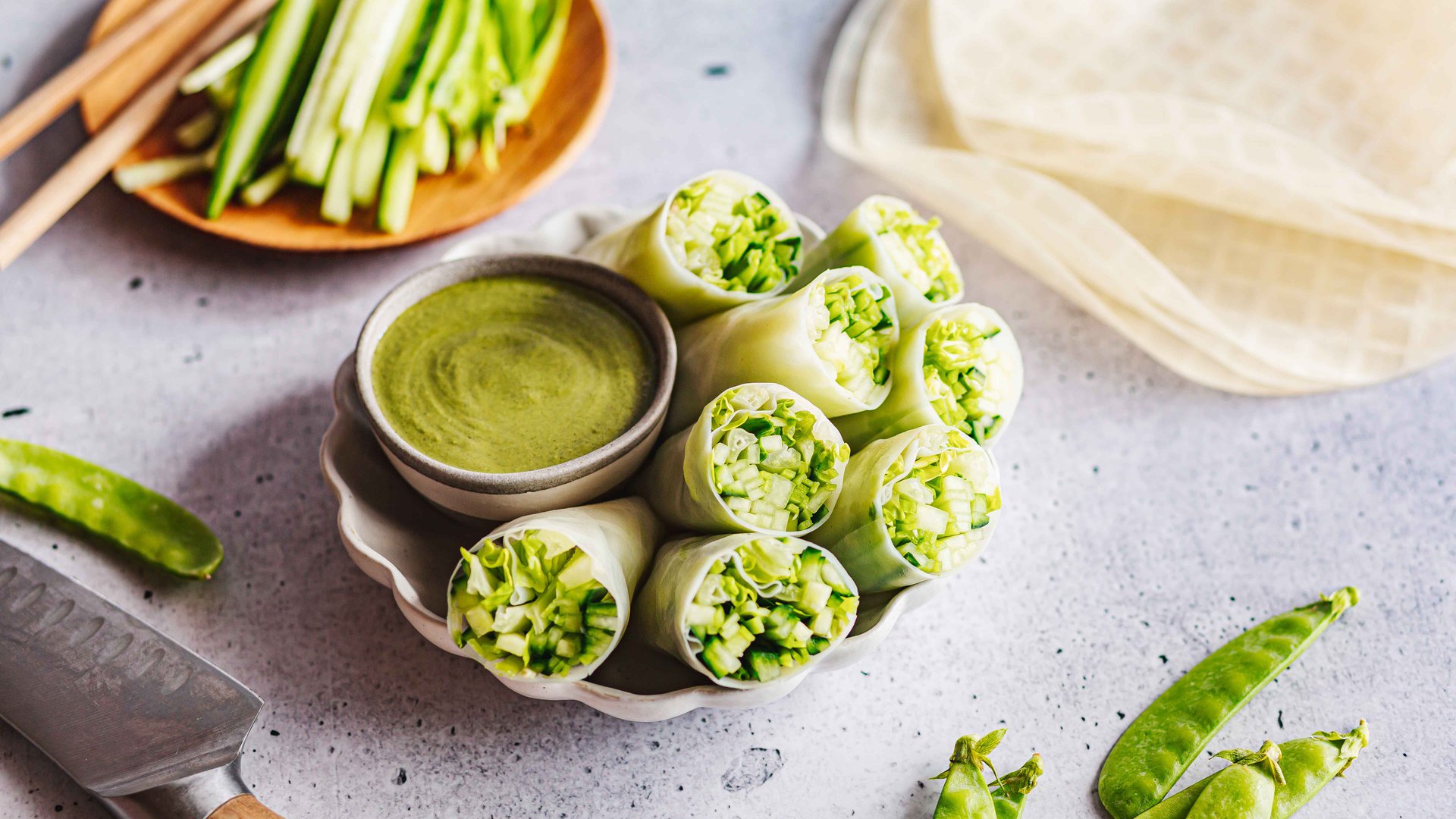 Green veggie rice paper rolls with moringa green goddess dressing recipe