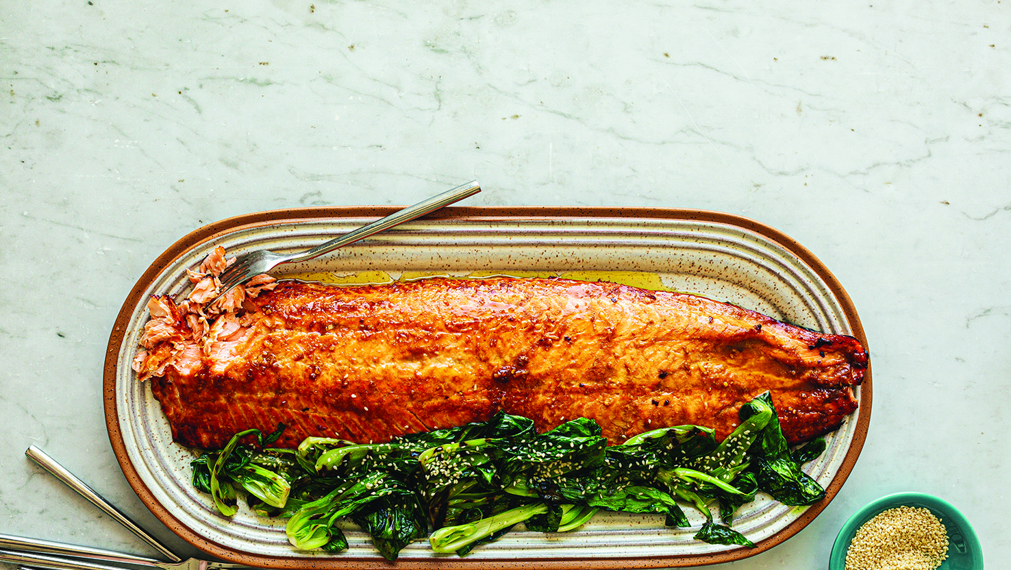 Grilled salmon side with hoisin glaze and charred pak choi recipe ...