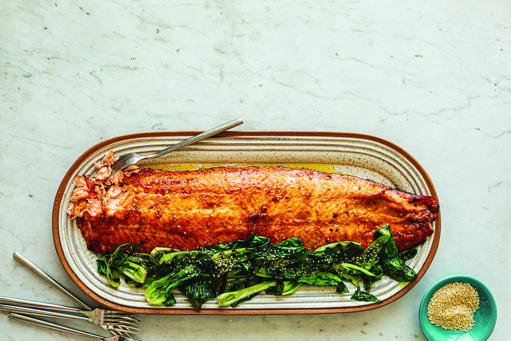 Grilled salmon side with hoisin glaze and charred pak choi recipe ...