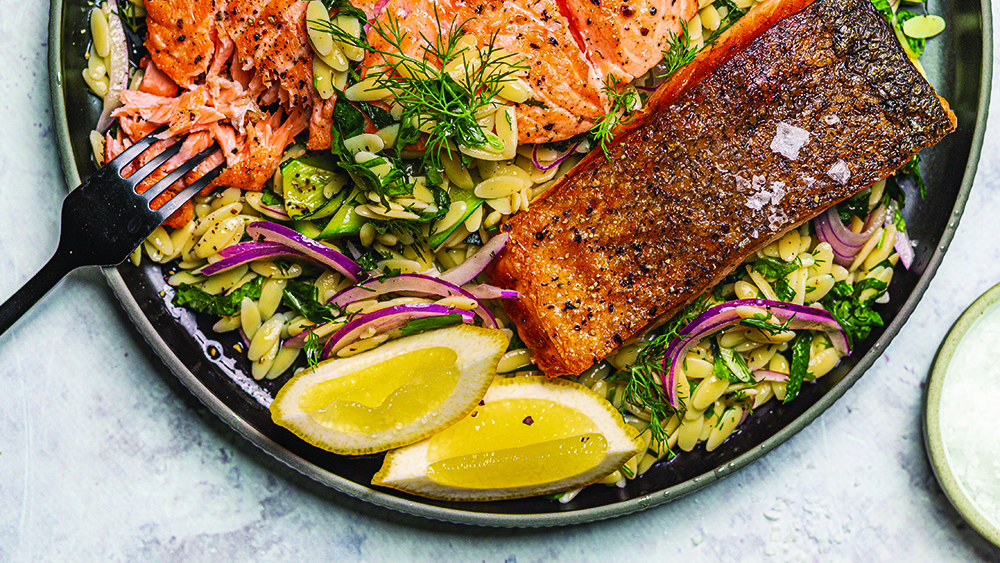Grilled salmon with risoni courgette pasta salad recipe - Spinneys UAE