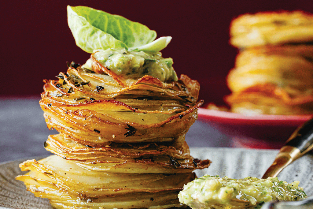 Herb-roasted potato stacks with Brussels sprout pesto recipe - Spinneys ...