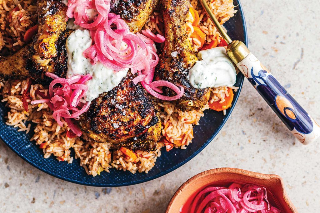 Kabsa grilled chicken with preserved lemon yoghurt and pickled onions ...