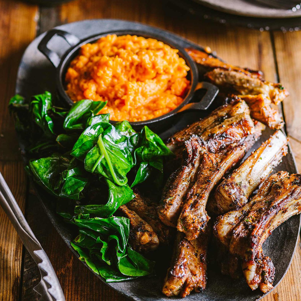 Lamb ribs with mashed sweet potatoes and sautéed spinach recipe ...