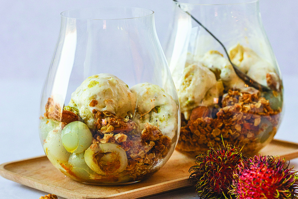 Longan and rambutan crumble with baklava and cinnamon ice cream recipe ...