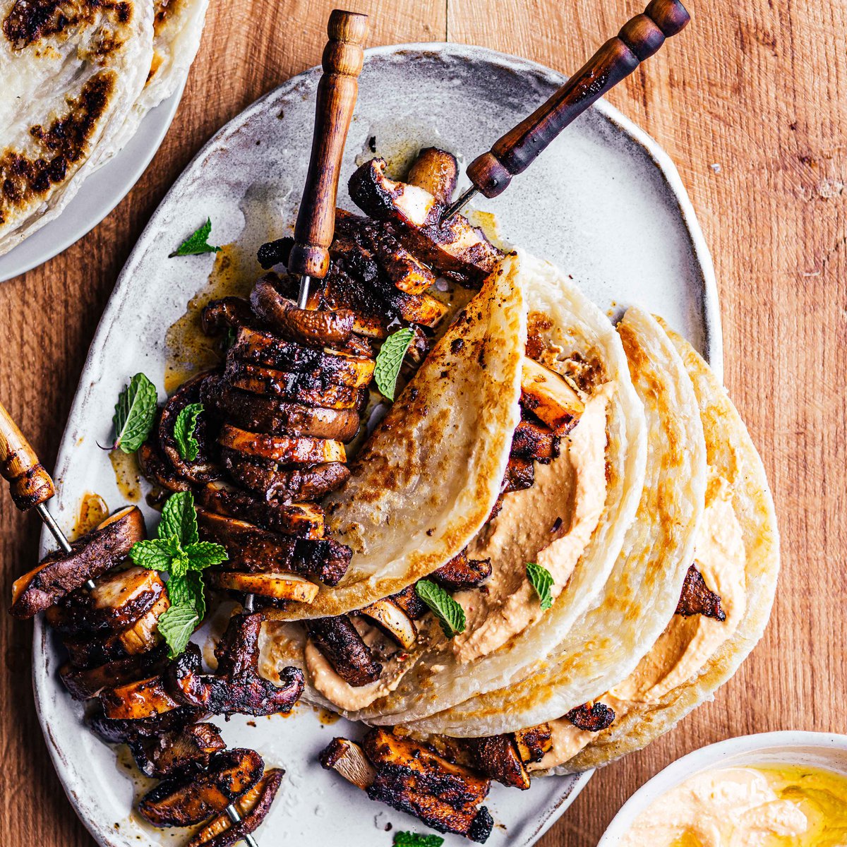 Mushroom skewers with red pepper hummus recipe