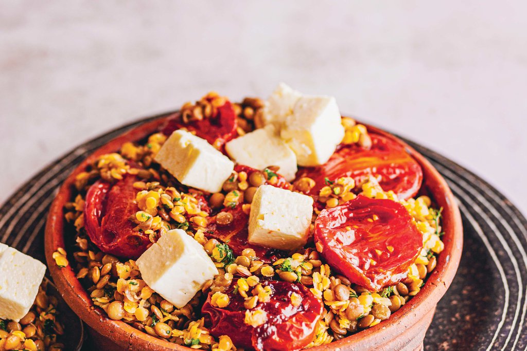 Mixed lentil salad with sticky tamarind roast tomatoes and feta recipe