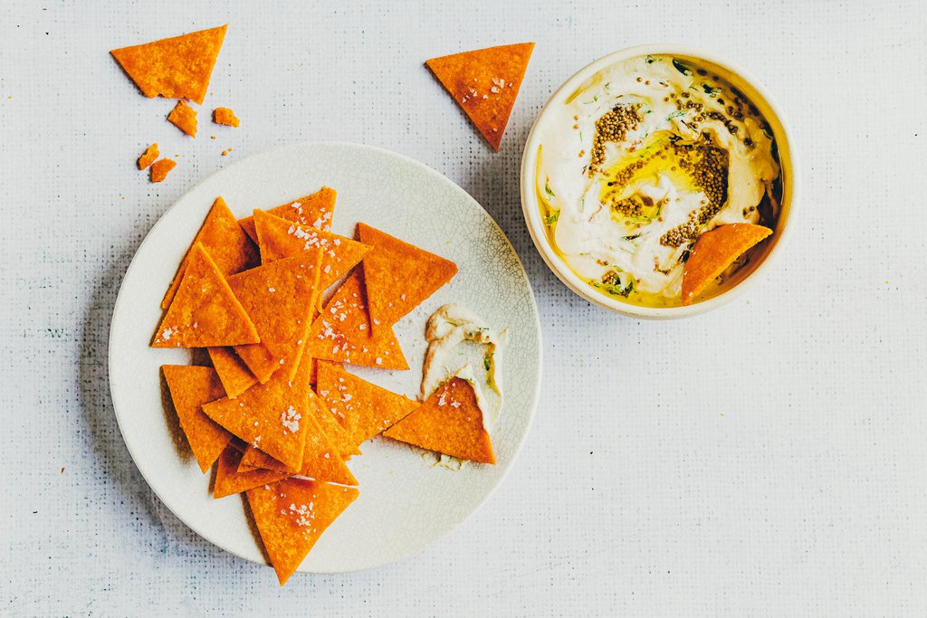 Red lentil tortilla chips with caramelised onion dip recipe - Spinneys ...