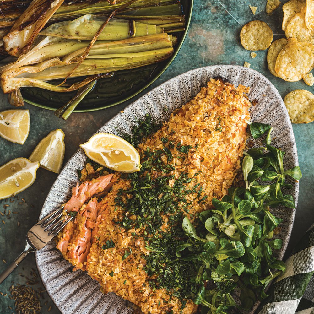 Roasted side of Irish organic salmon with cheese and onion crisp crust ...