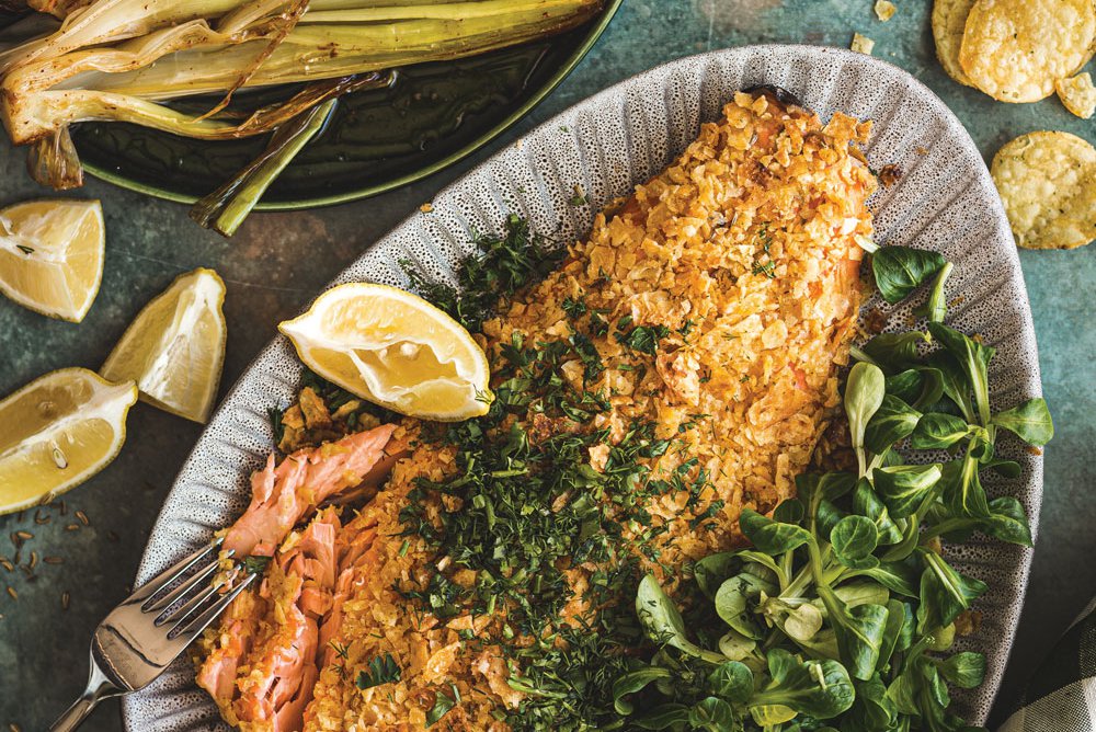 Roasted side of Irish organic salmon with cheese and onion crisp crust ...