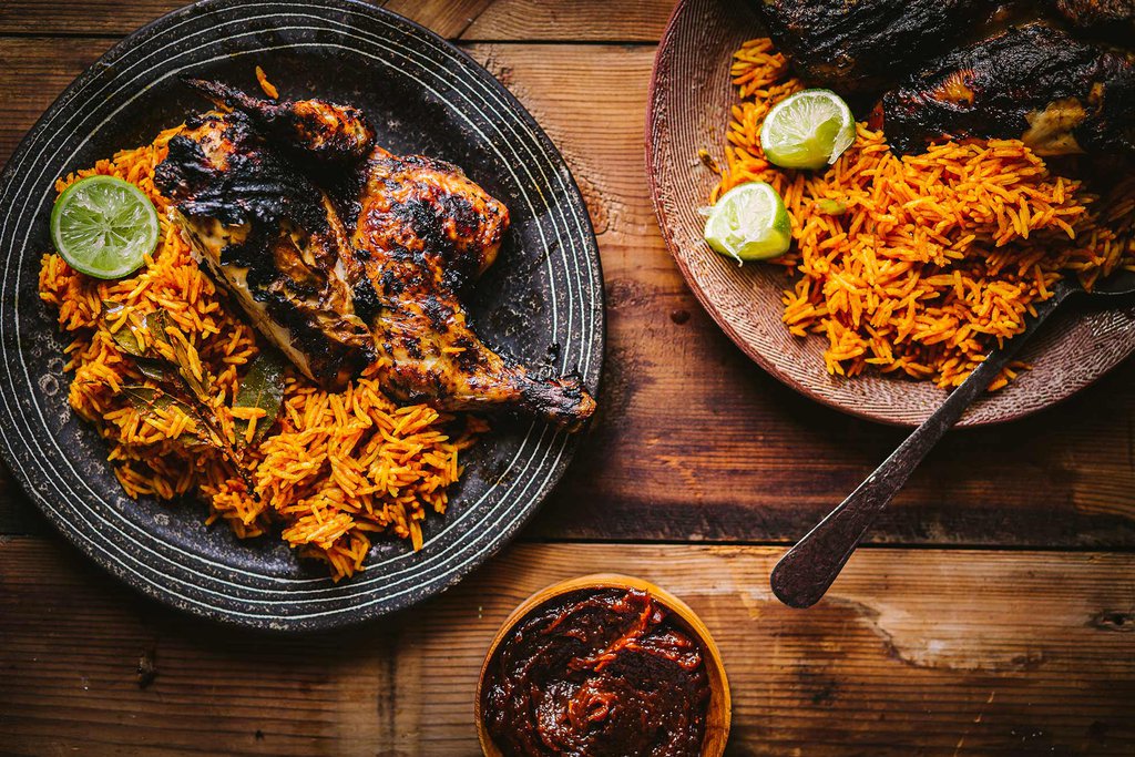 Shito-rubbed grilled chicken with jollof rice recipe