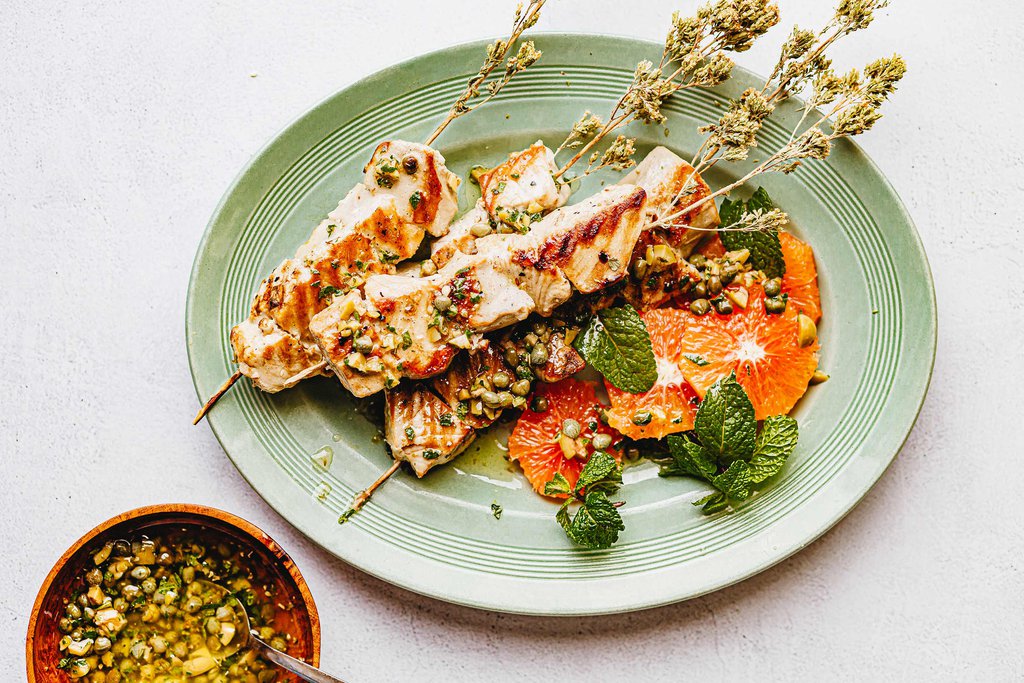 Sicilian swordfish spiedini with caper, mint and green olive dressing ...
