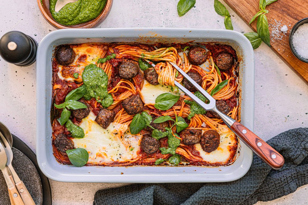 Spaghetti and Future Farm Meatball traybake with pesto recipe ...