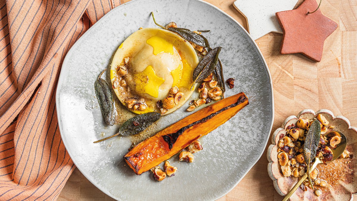 Pumpkin and hazelnut star ravioli with maple butter sauce recipe ...