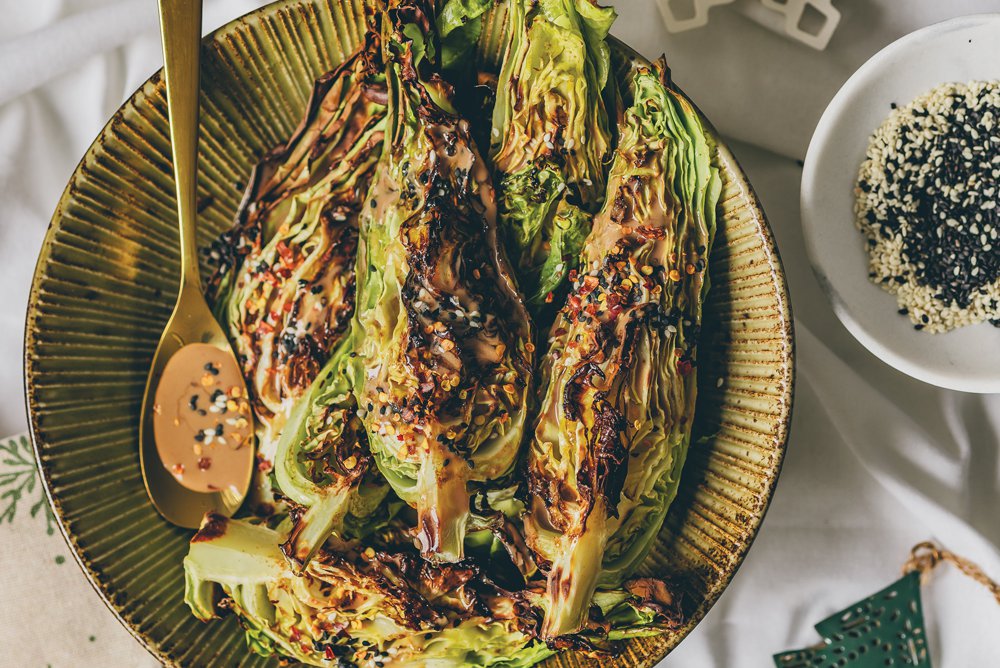 Charred pointed cabbage wedges in tahini sauce with hot honey recipe ...