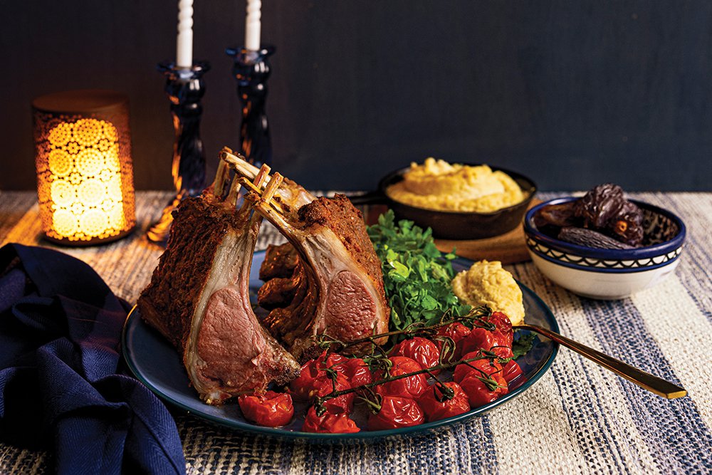 Cumin-crusted lamb rack with roasted tomatoes and baked hummus recipe ...
