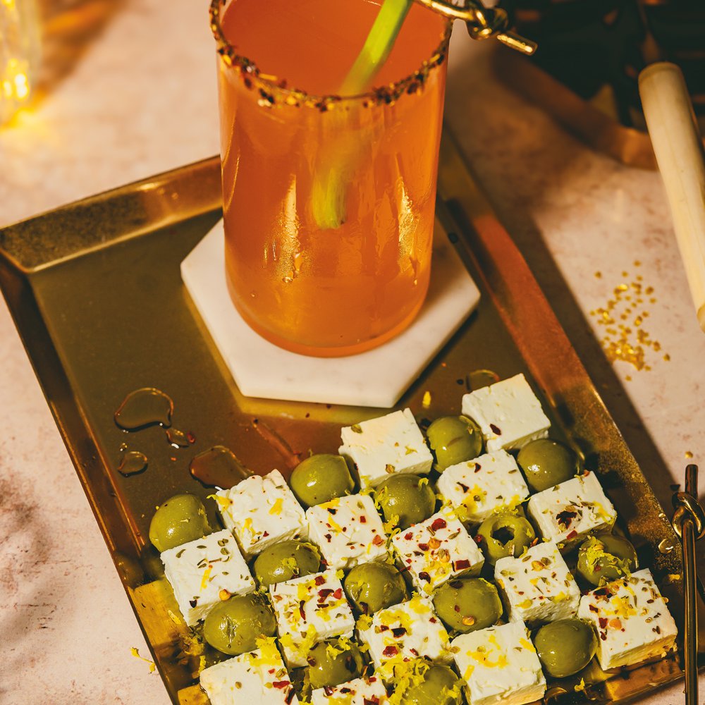 Feta and green olive checkerboard with clarified bloody mary recipe ...