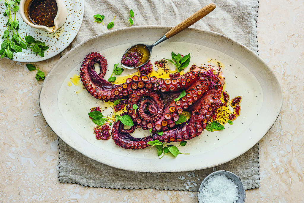 Grilled octopus with red grape vinegar and oregano dressing recipe ...