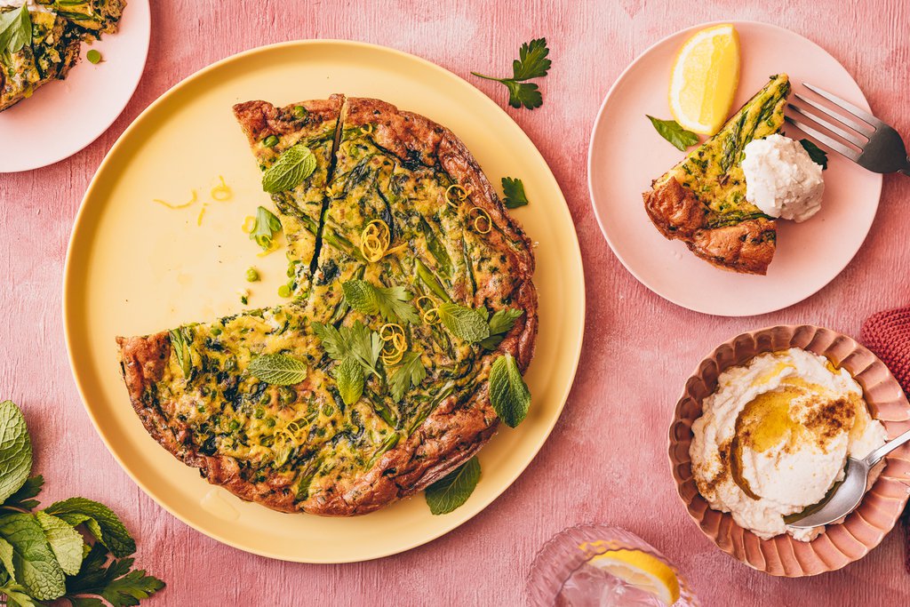 Spring greens frittata with cumin-spiced labneh recipe - Spinneys ...