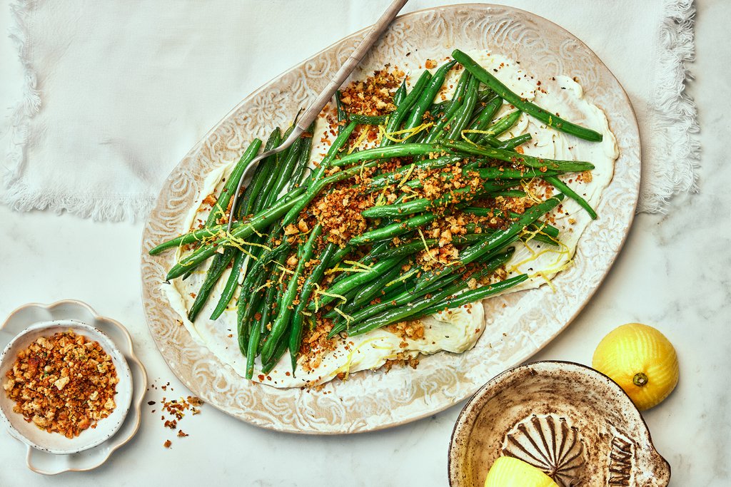 Whipped goat’s cheese with garlic green beans and herby pangrattato ...