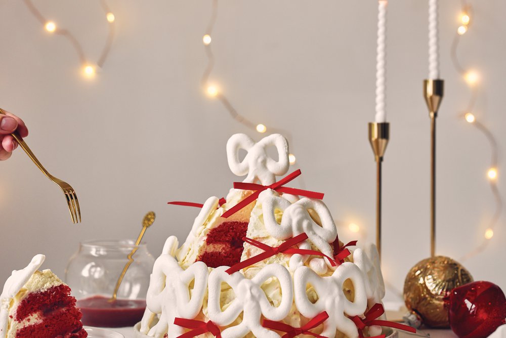 White chocolate and cherry curd cake with meringue bows recipe ...