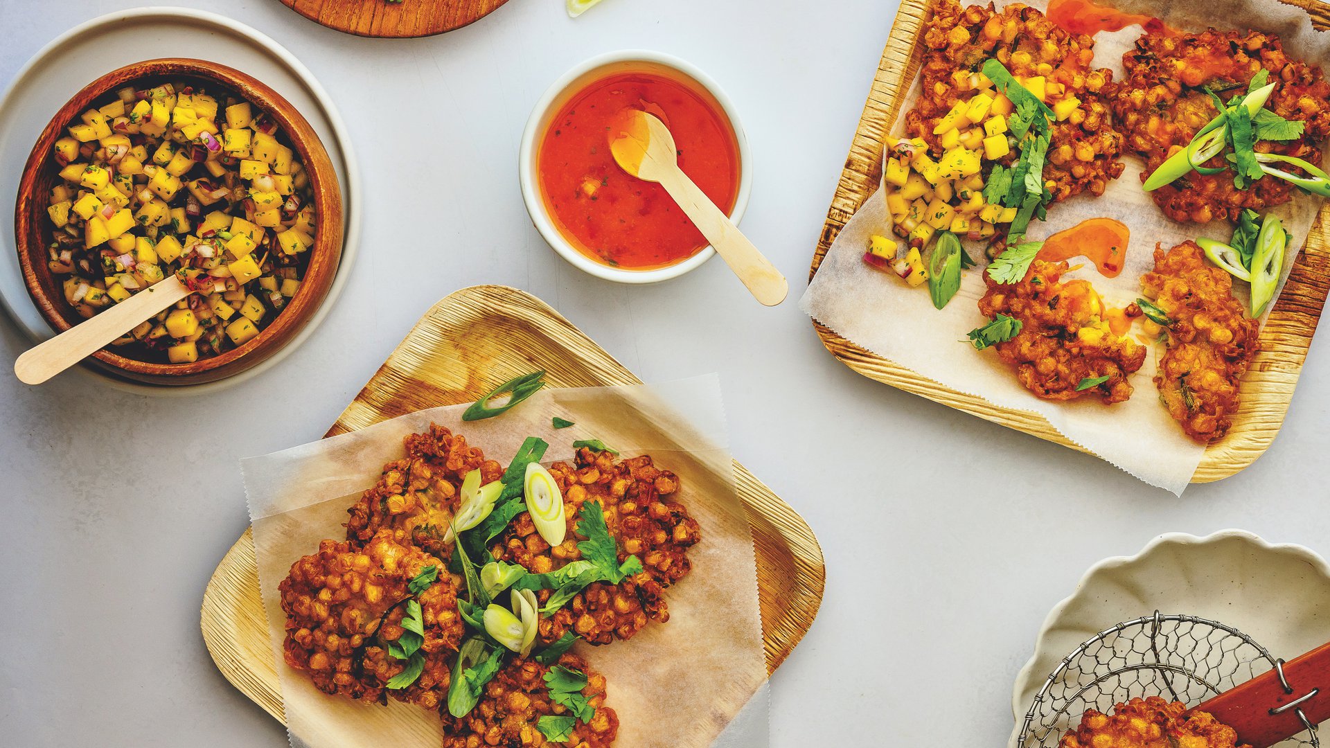 Thai corn fritters with sweet chilli mango sauce recipe - Spinneys ...