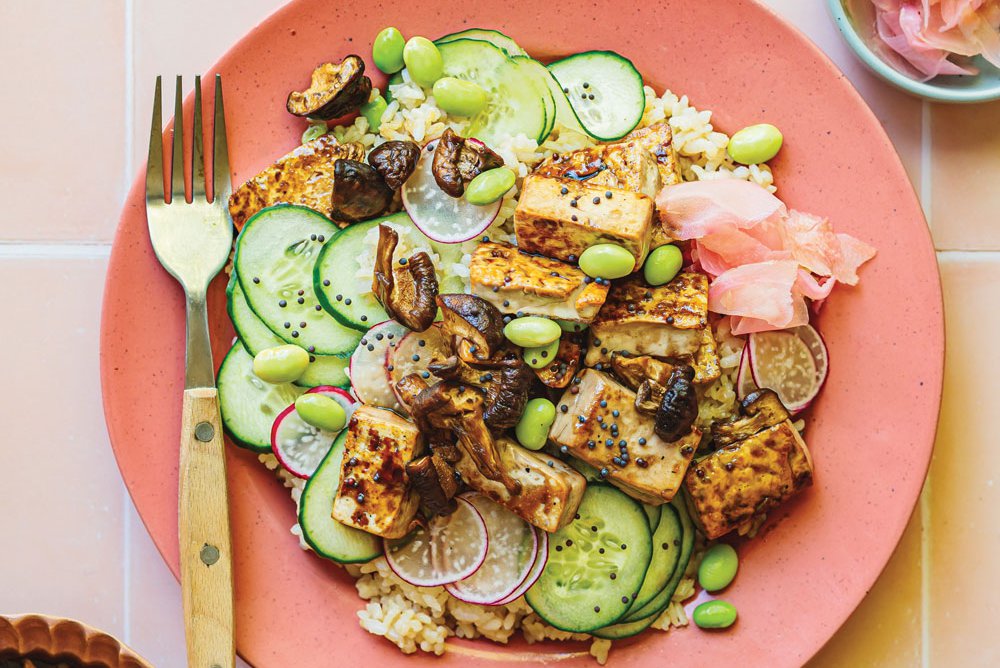 Sticky marmite tofu with pickled shiitake mushrooms and kombu rice ...