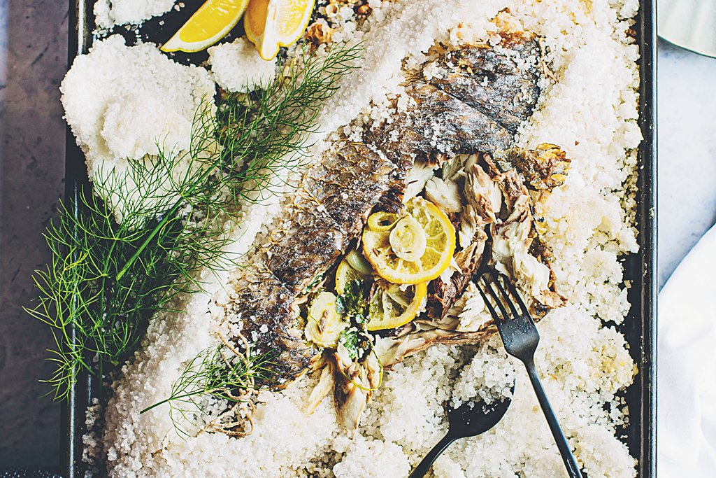 Stuffed salt-baked sea bass recipe