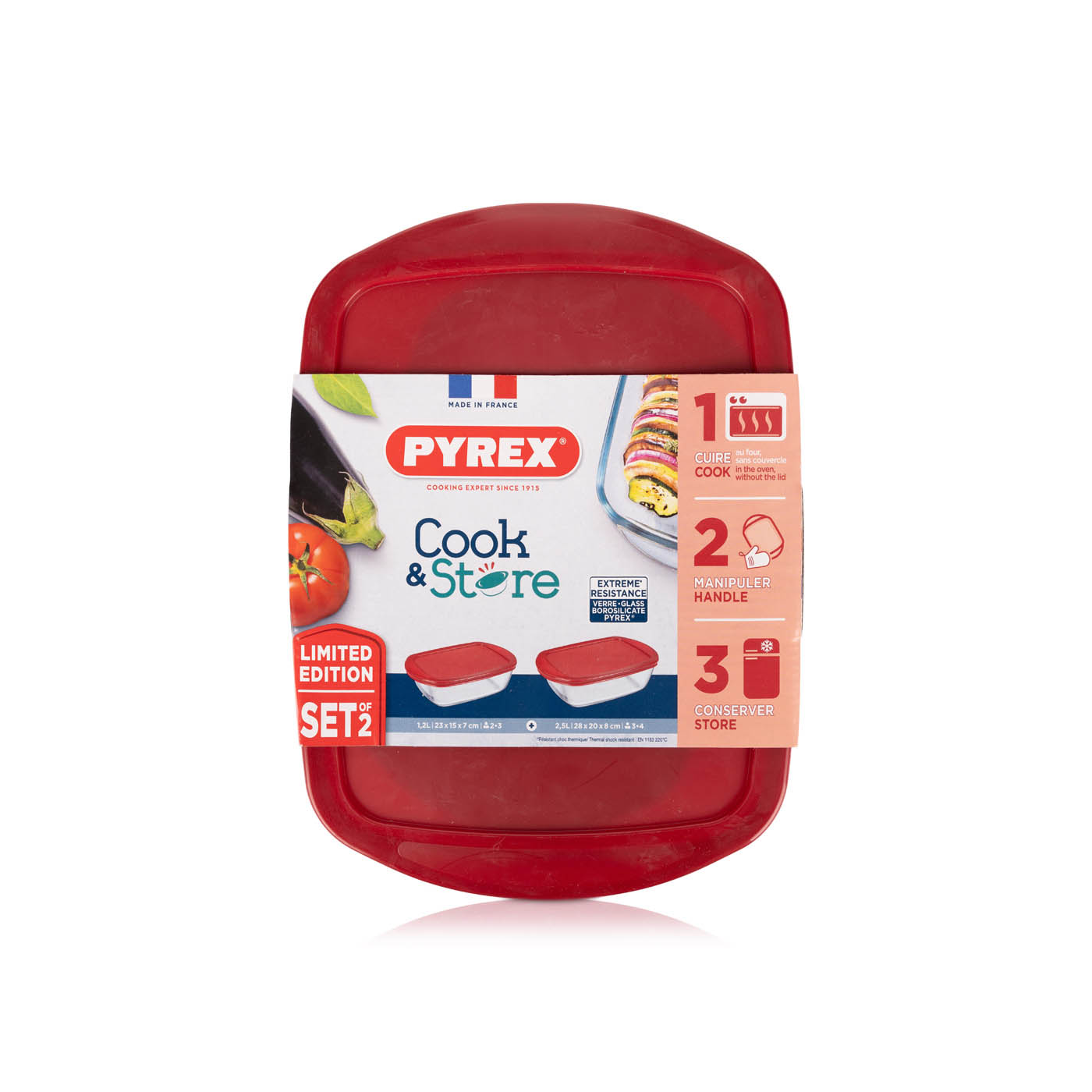 Pyrex Cook and Store Dishes Rectangular 2 Pack Red 1.2 litre & 2.5 ...