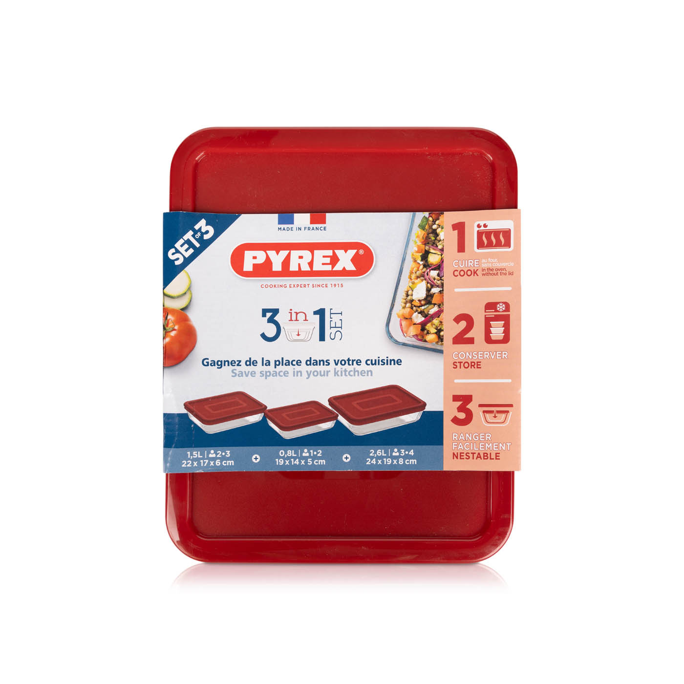 Pyrex Cook and Store Dishes Rectangular 3 Pack Red 0.8 litre, 1.5 litre ...