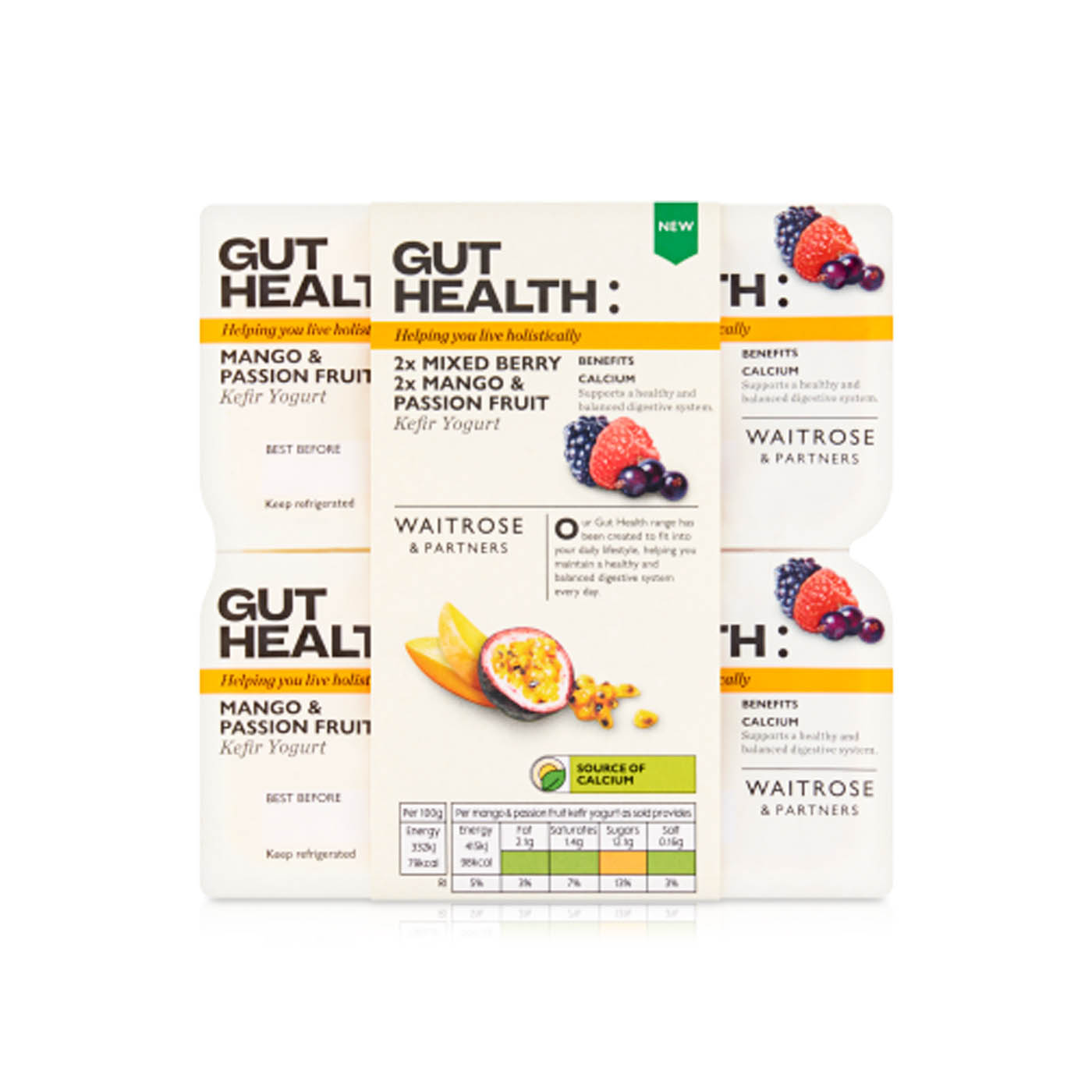 Waitrose Gut Health Mixed Berry Mango and Passionfruit Kefir Yogurts 4 ...