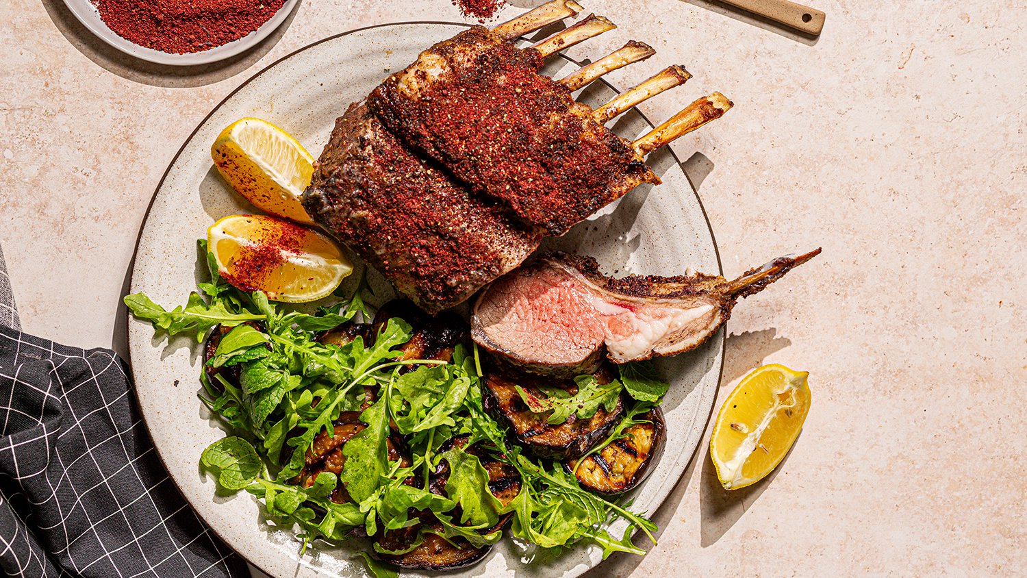 Sumac lamb rack with sweet ‘n’ sour griddled aubergine salad recipe ...
